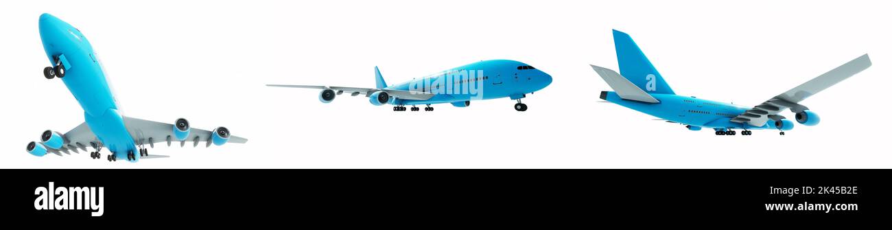 Conceptual set of three flying blue and white passenger jetliner or ...