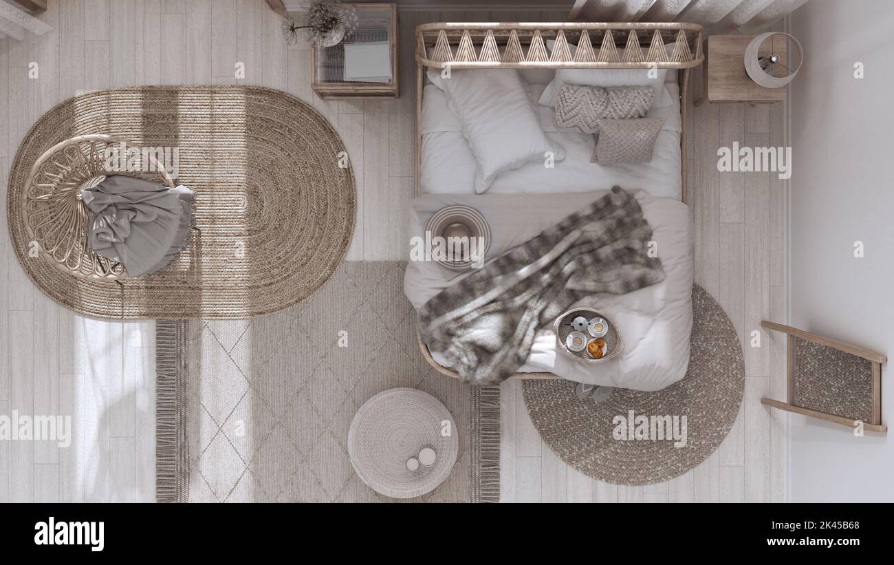 Boho chic farmhouse bedroom with rattan bed and bleached wooden ...