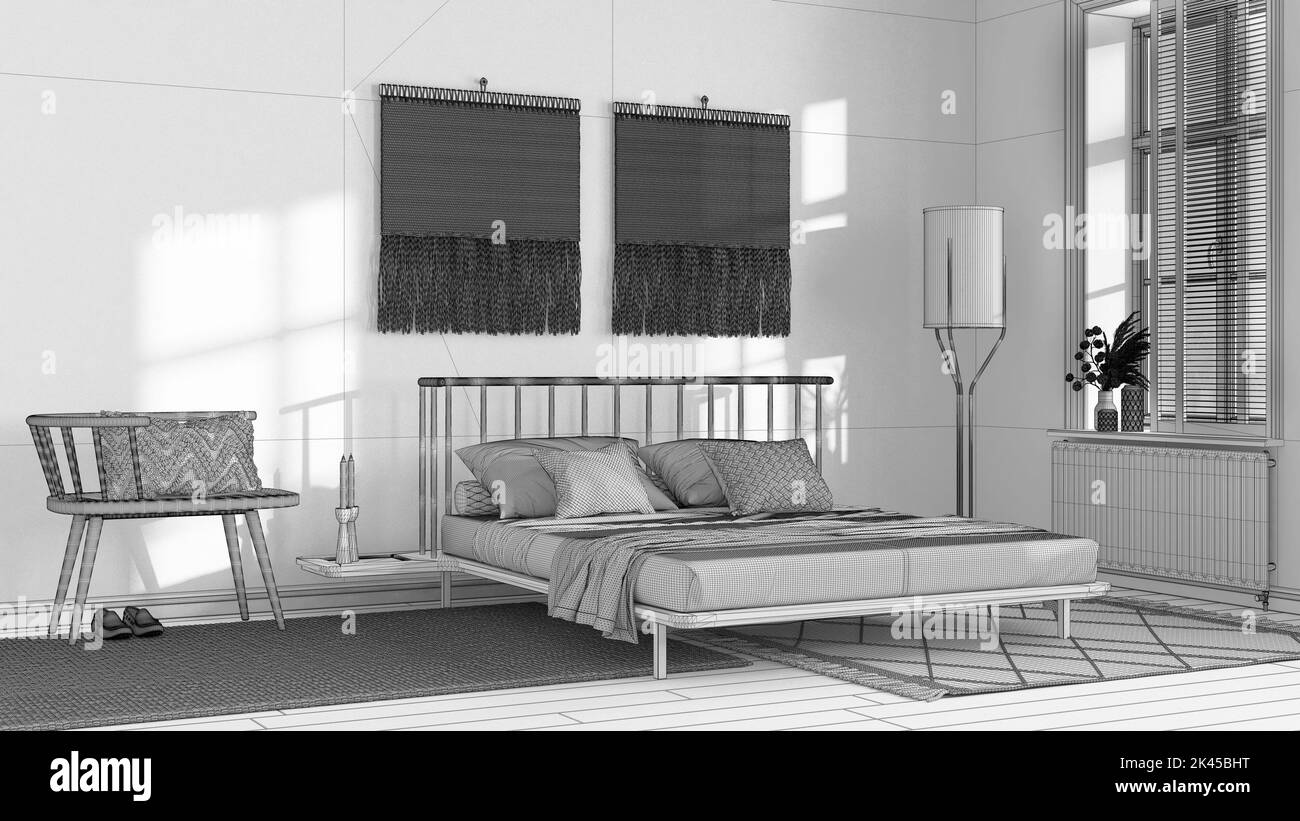 Blueprint unfinished project draft, japandi bedroom with macrame wall ...