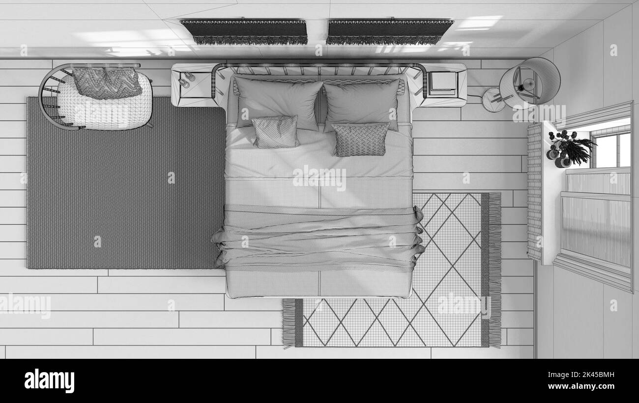 Blueprint unfinished project draft, wabi sabi bedroom with macrame wall ...