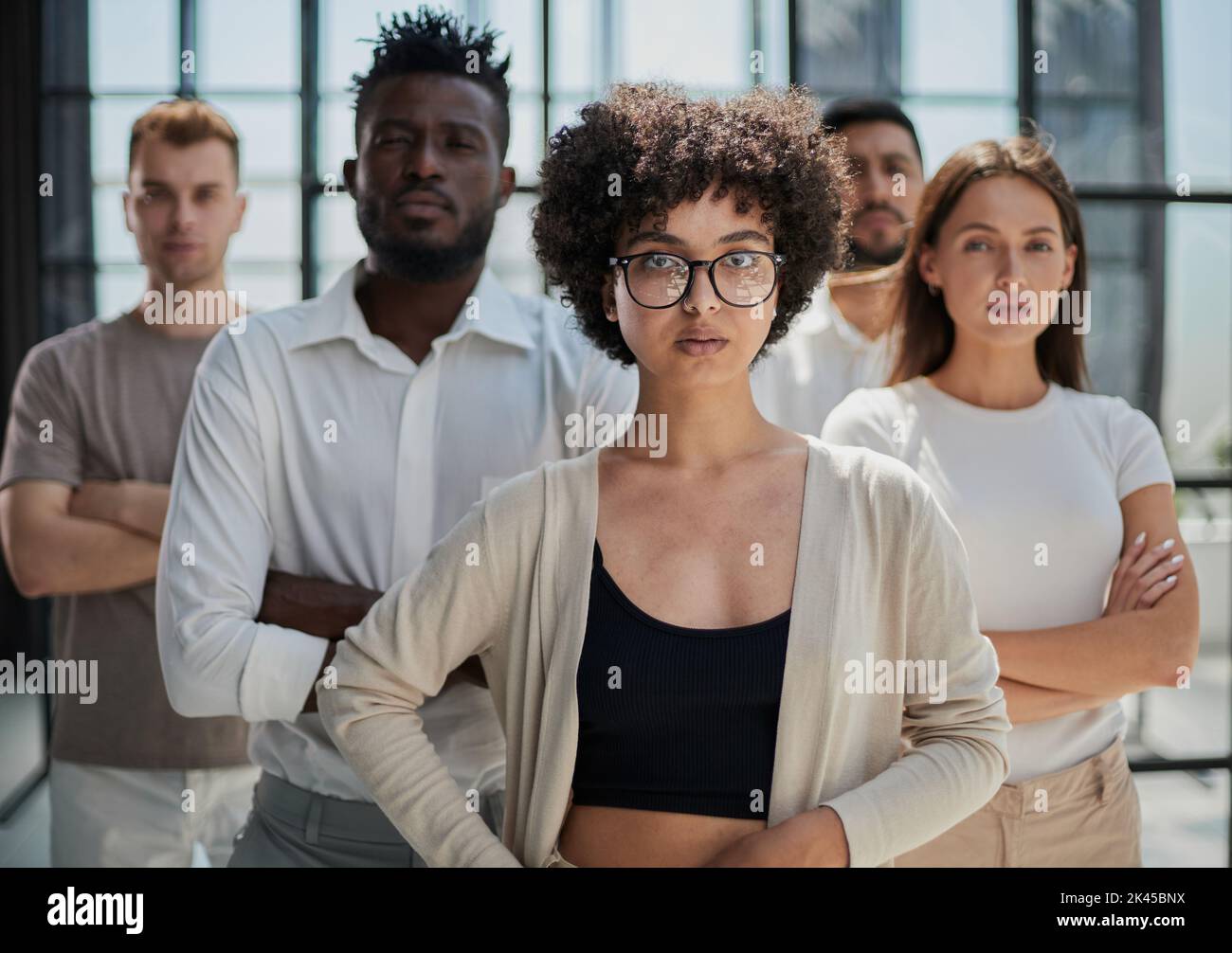 Smiling professional business leaders and employees group team portrait ...
