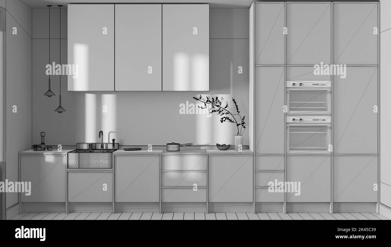 Blueprint unfinished project draft, japandi trendy wooden kitchen ...