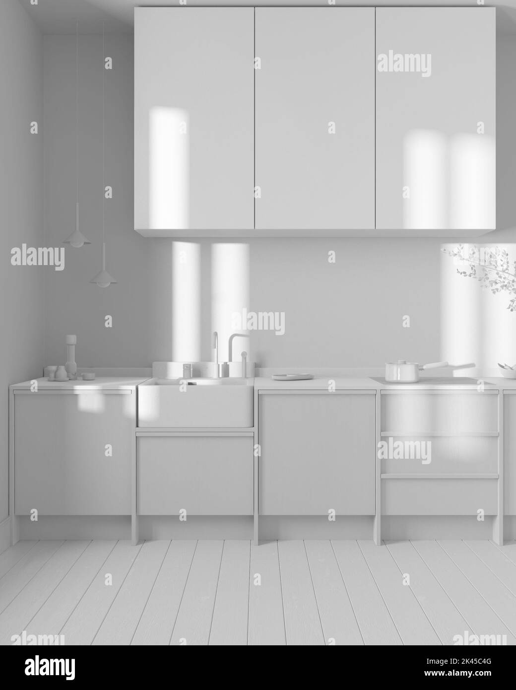 Total white project draft, japandi wooden kitchen. Wooden cabinets ...