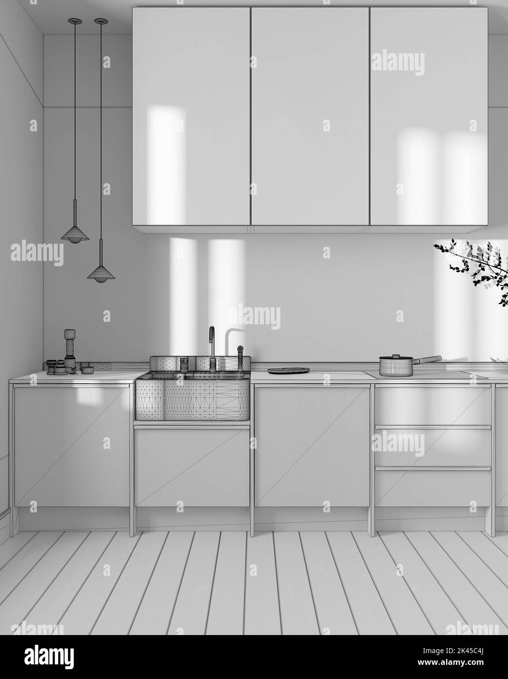 Blueprint unfinished project draft, japandi wooden kitchen. Wooden ...