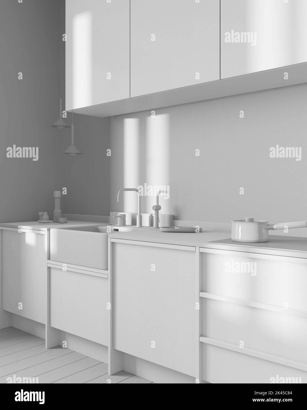 Total white project draft, farmhouse wooden kitchen. Wooden cabinets ...