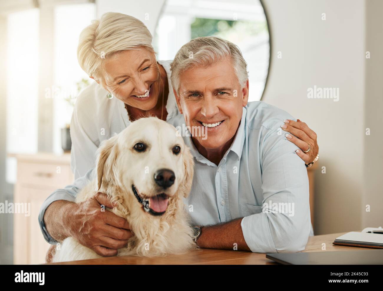 Senior couple, happy dog and smile of people in a home with quality ...