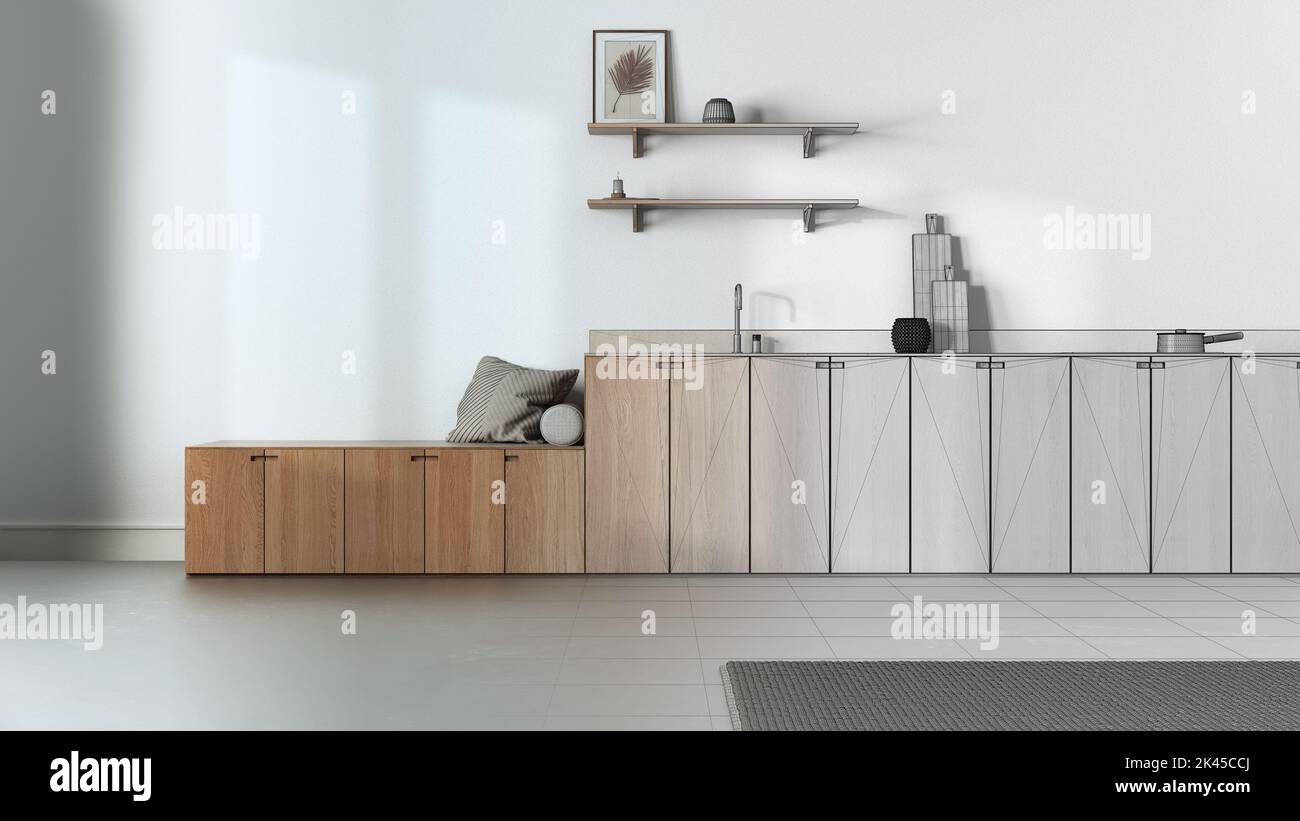 Architect interior designer concept: hand-drawn draft unfinished ...