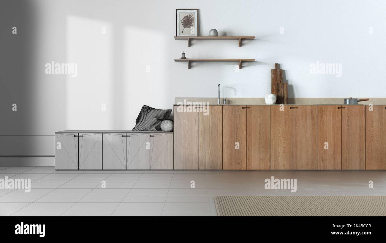 Architect interior designer concept: hand-drawn draft unfinished ...