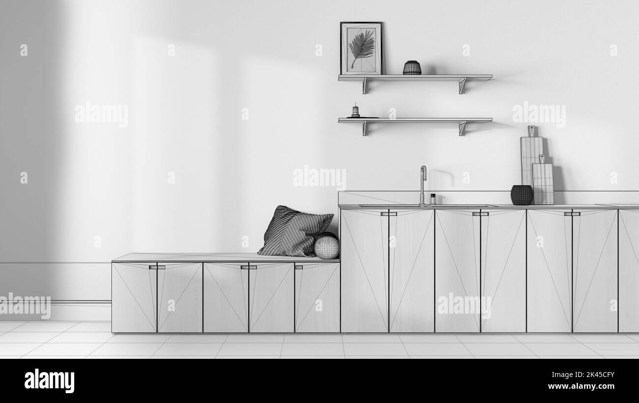 Blueprint unfinished project draft, trendy cozy kitchen. Wooden ...