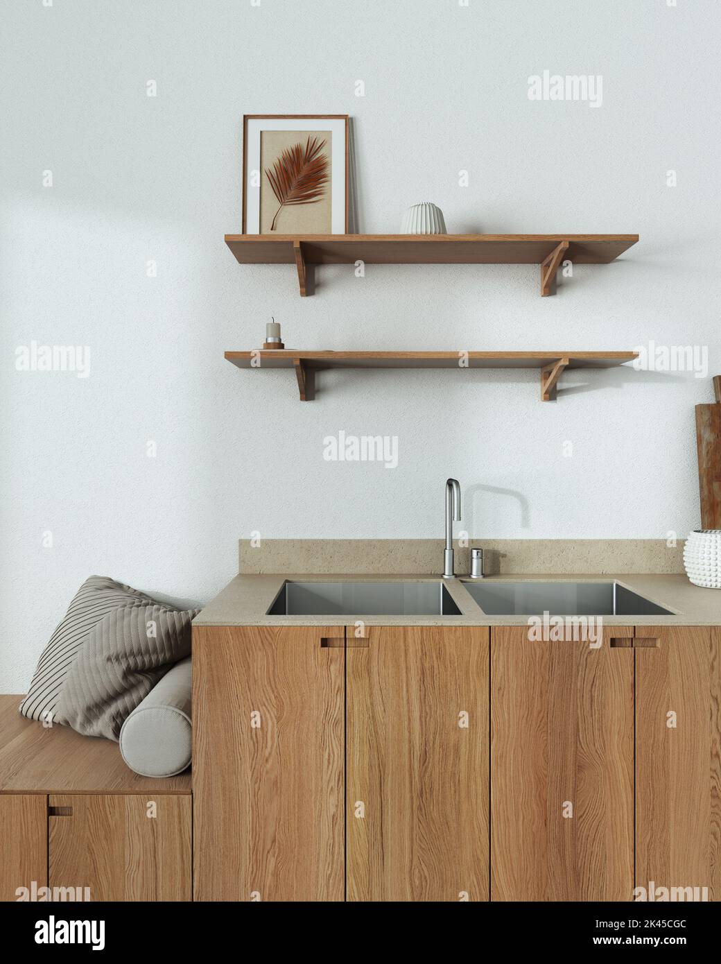 Japandi kitchen close up in white and beige tones. Wooden cabinets ...