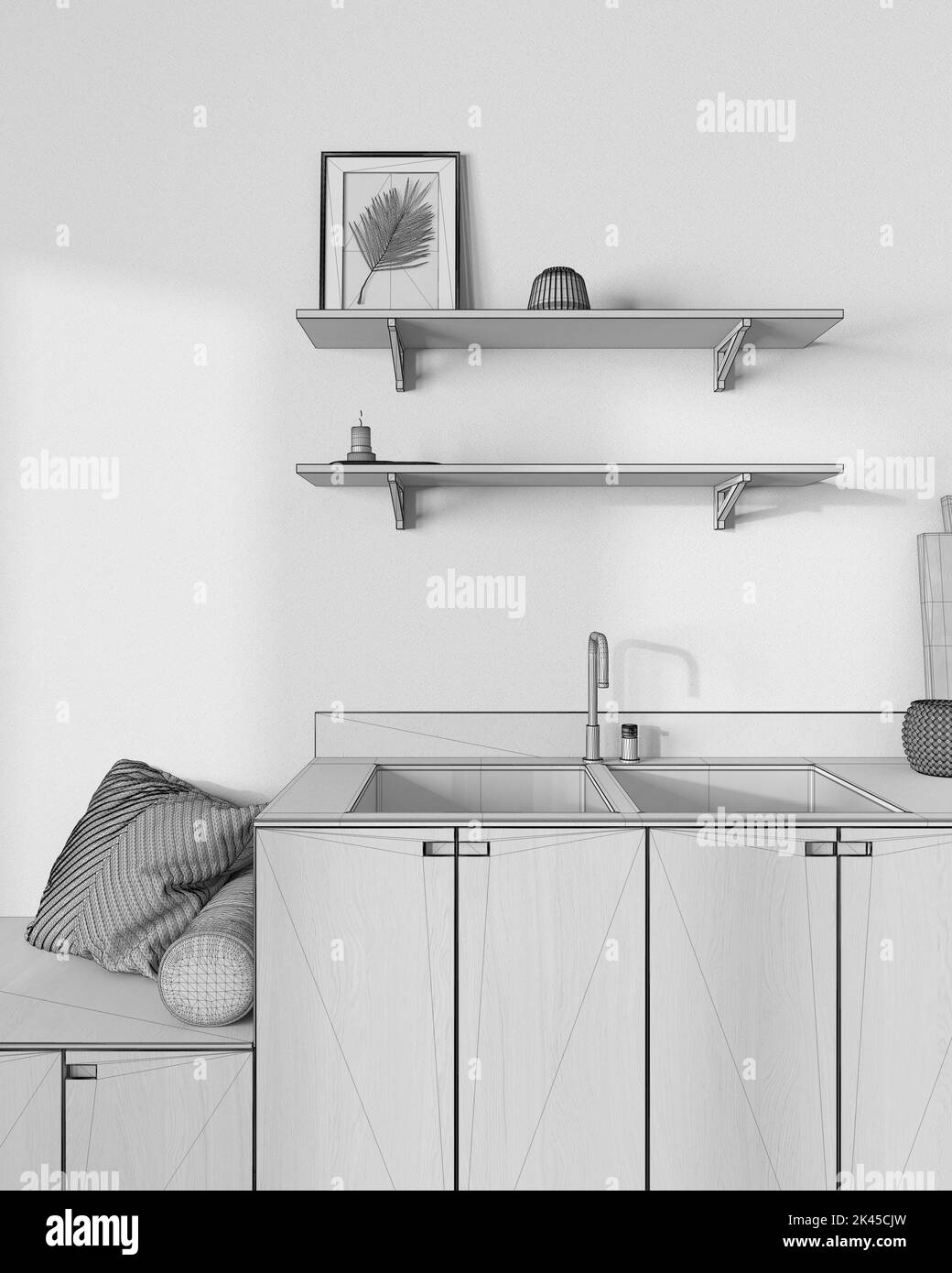 Blueprint unfinished project draft, japandi kitchen close up. Wooden ...