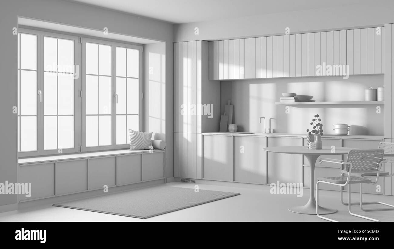 Total white project draft, modern trendy kitchen. Wooden cabinets ...