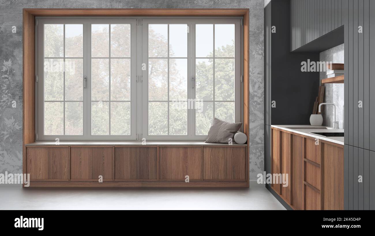 Modern cozy kitchen and big window with bench in white and dark tones ...