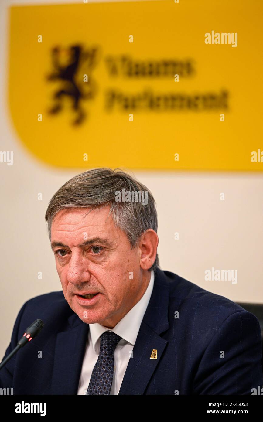 Flemish Minister President Jan Jambon pictured during a press conference after a plenary session ...