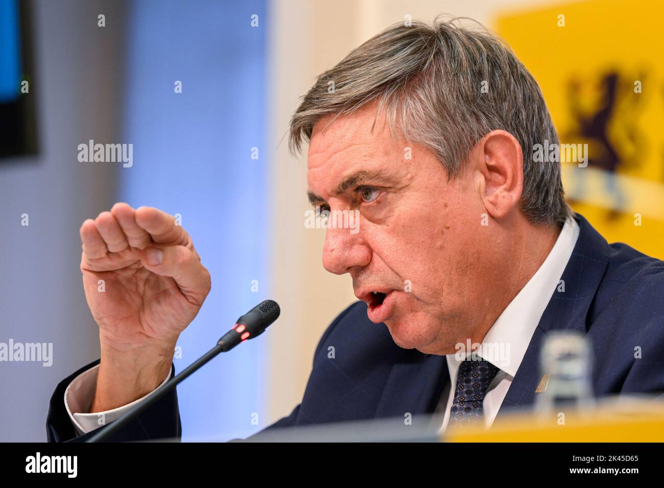 Flemish Minister President Jan Jambon pictured during a press conference after a plenary session ...