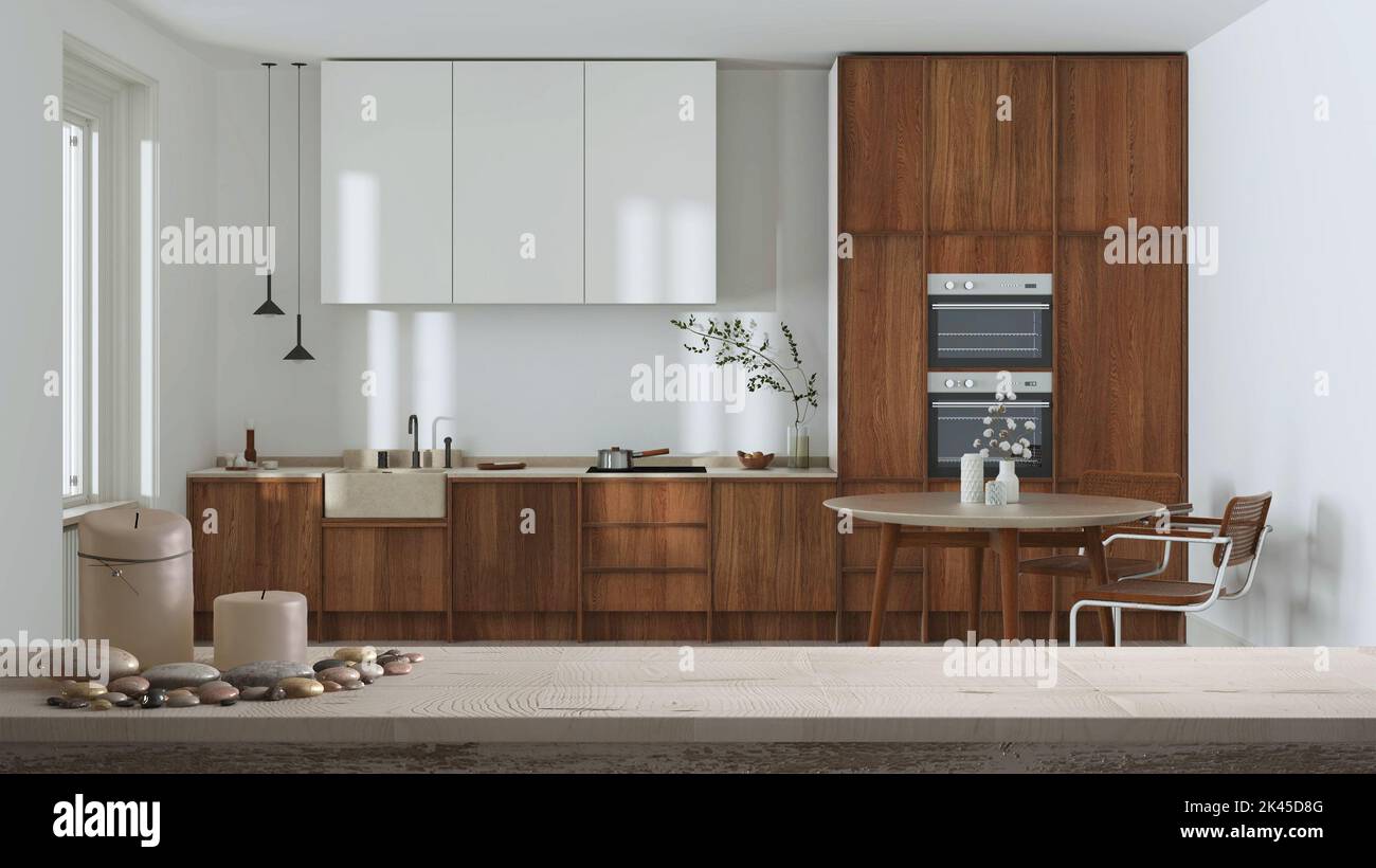 Wooden vintage table top or shelf with candles and pebbles, zen mood ...