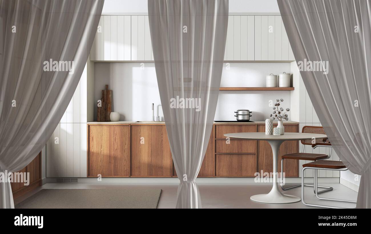 White openings curtains overlay japandi wooden kitchen and dining room ...