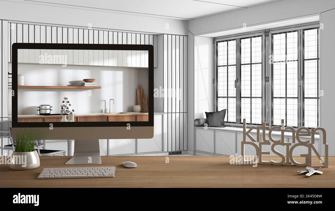 Architect designer project concept, wooden table with house keys, 3D ...