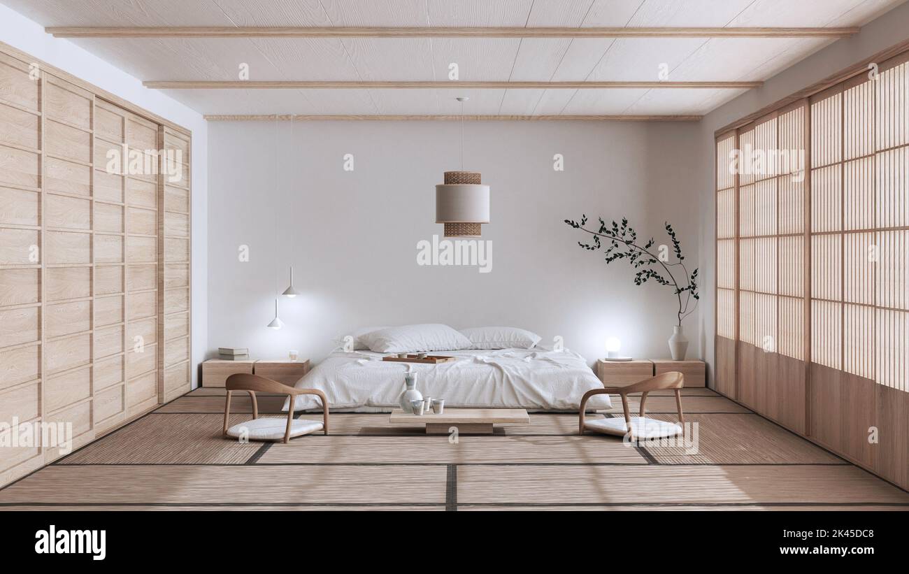 Minimalist bedroom in white and bleached tones, japanese style. Double bed, tatami mats ...