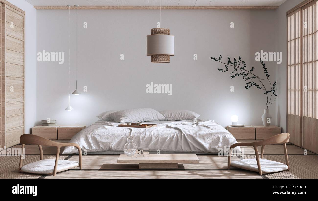 Japandi bedroom in white and bleached tones, japanese style. Double bed ...