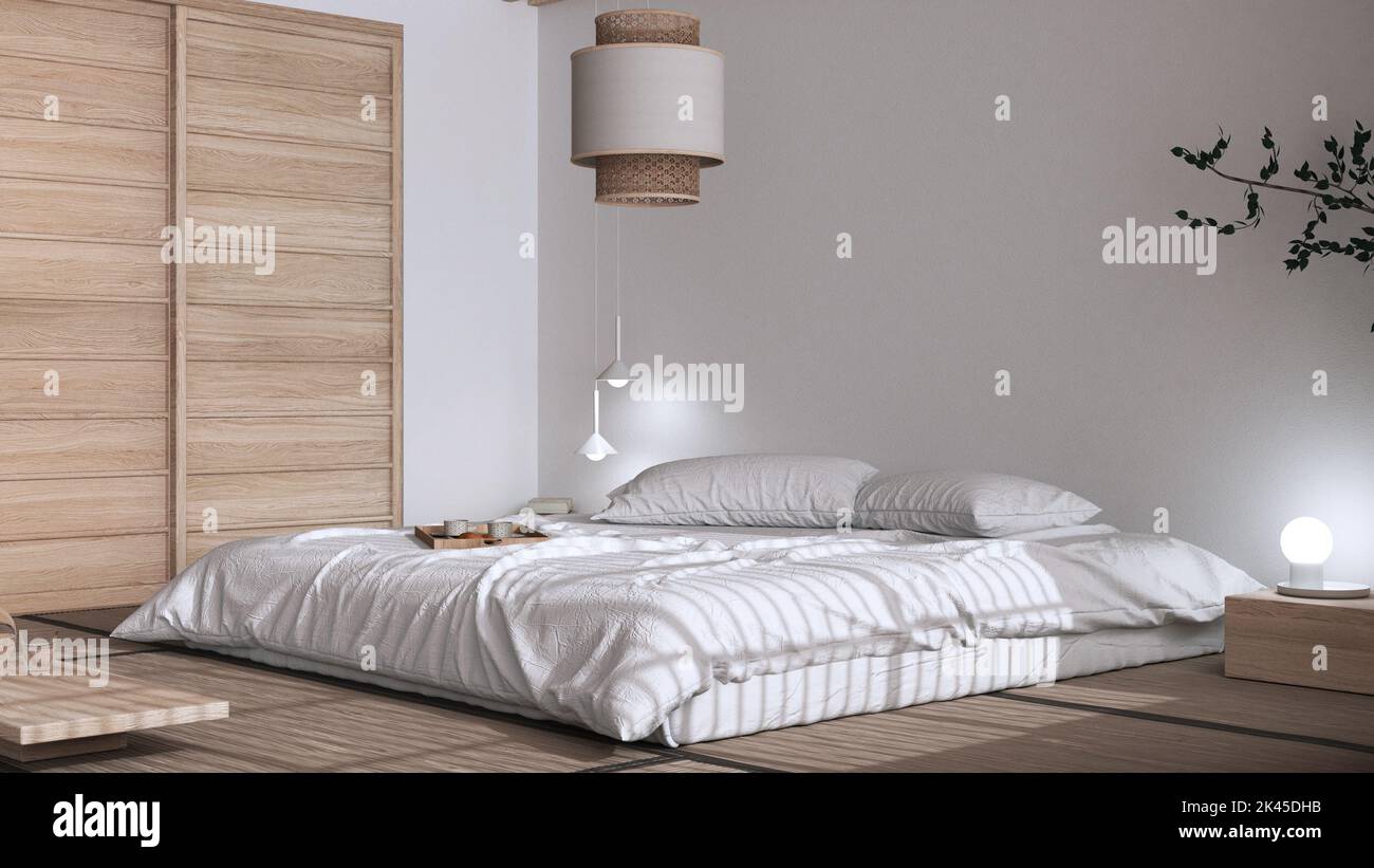 Japandi bedroom in white and bleached tones, japanese style. Double bed ...