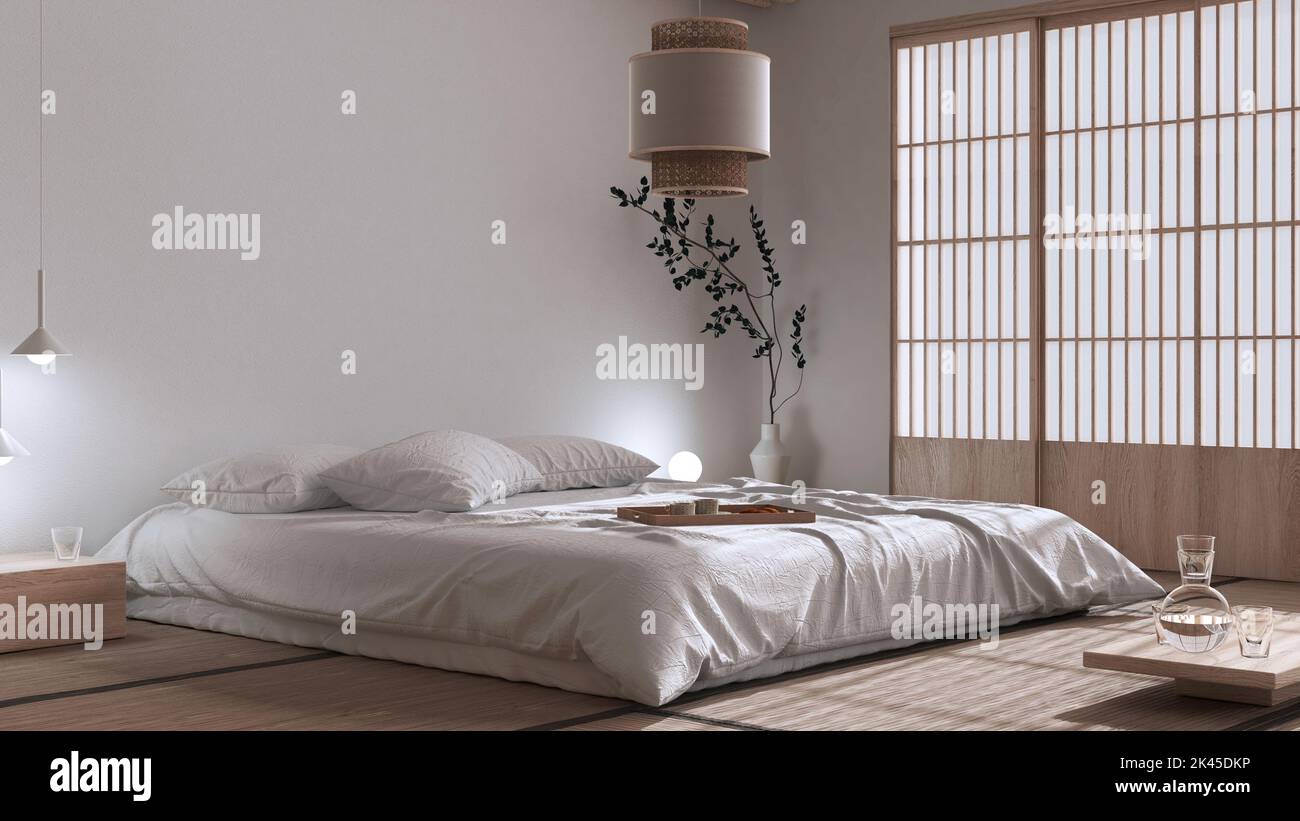 Japanese bedroom in white and bleached tones, zen style. Double bed ...