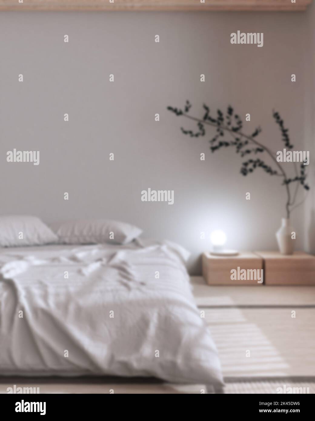Blurred background, japandi bedroom mock up. Japanese minimal interior ...