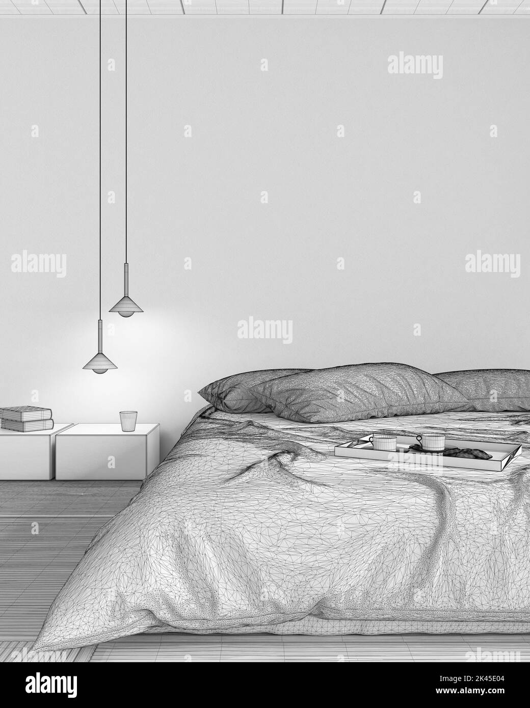 Blueprint unfinished project draft, japandi bedroom mock up. Bed with ...