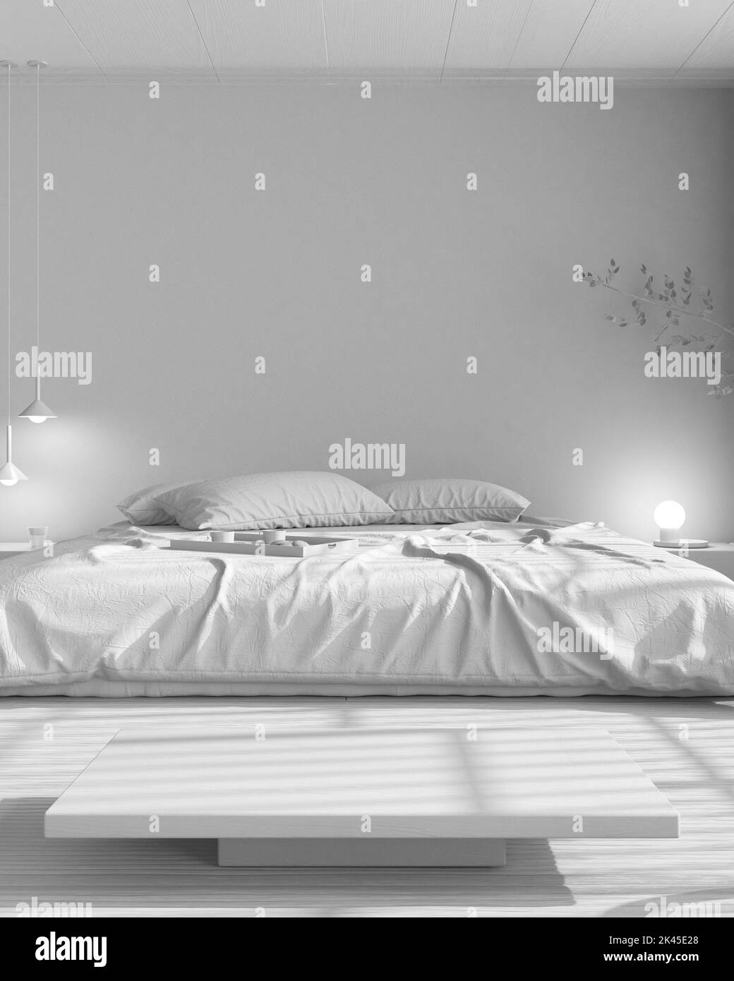 Total white project draft, japandi bedroom mock up. Bed with pillows ...