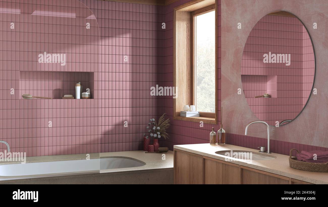 Farmhouse boho bathroom in red and beige tones. Marble bathtub and ...