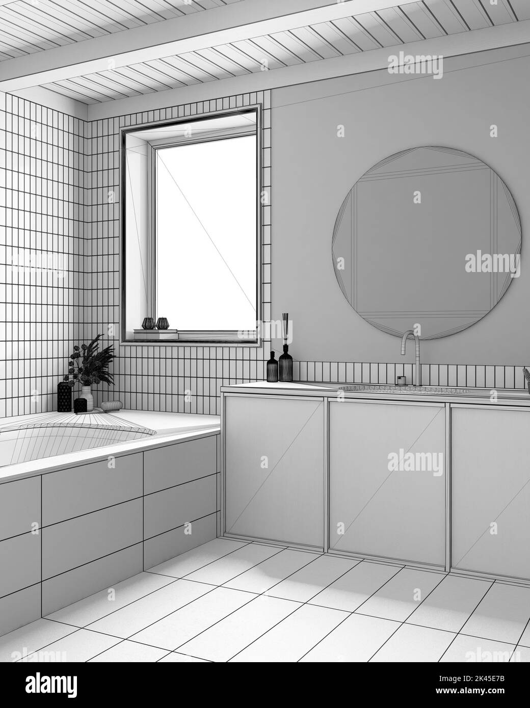 Blueprint unfinished project draft, wooden boho bathroom. Marble ...