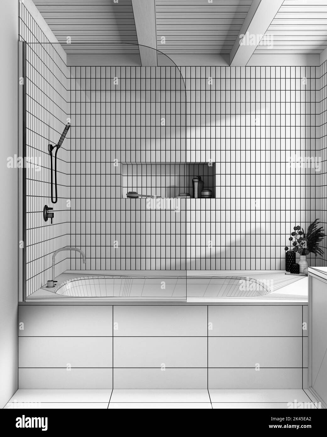 Blueprint unfinished project draft, wooden and marble japandi bathroom ...