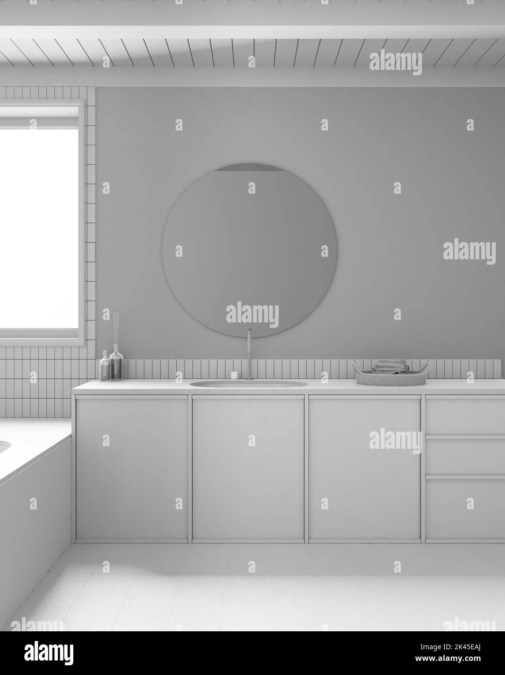 Total white project draft, japandi minimalist bathroom. Marble and ...