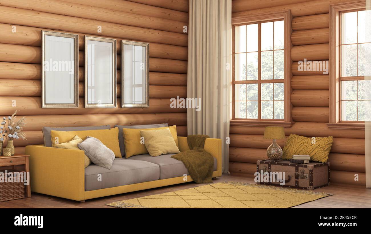 Wooden farmhouse log cabin in yellow and beige tones. Fabric sofa ...