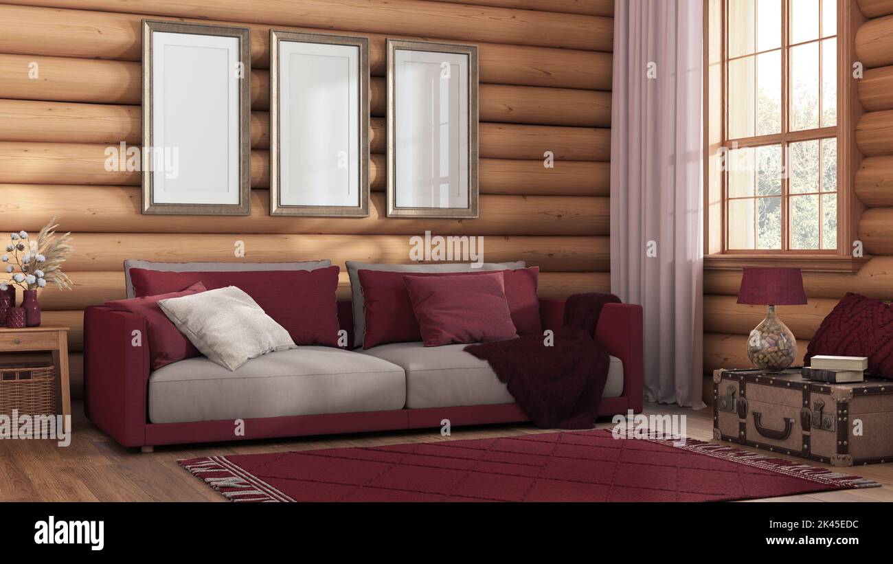 Log cabin living room in red and beige tones. Fabric sofa, carpet and ...