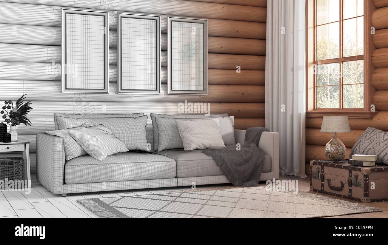 Architect interior designer concept: hand-drawn draft unfinished ...