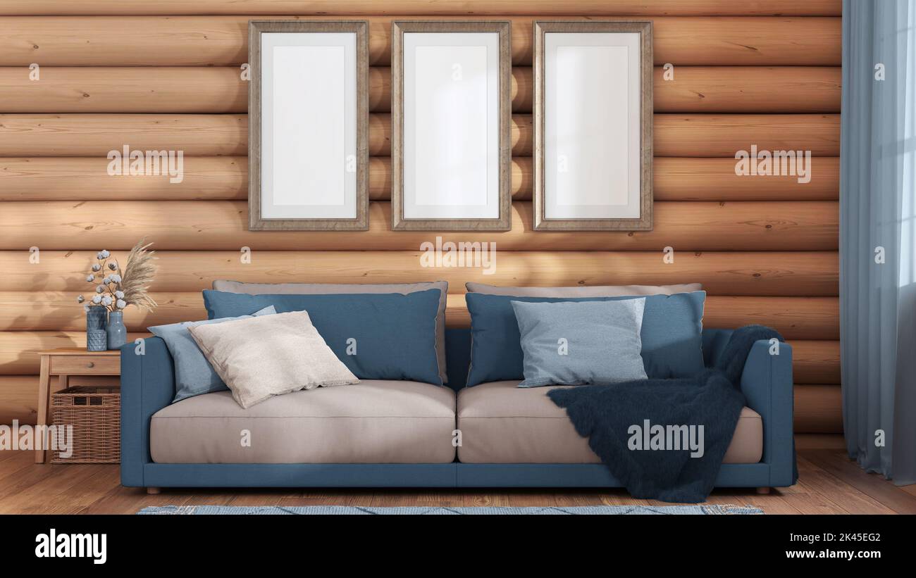 Log cabin living room in blue and beige tones, front view. Frame mock ...