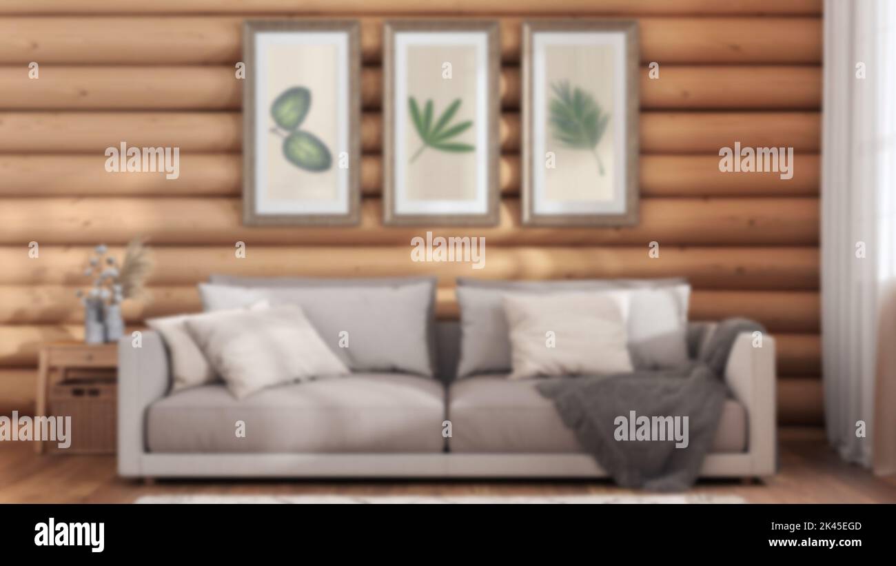 Blurred background, log cabin living room, front view. Frame mock up ...