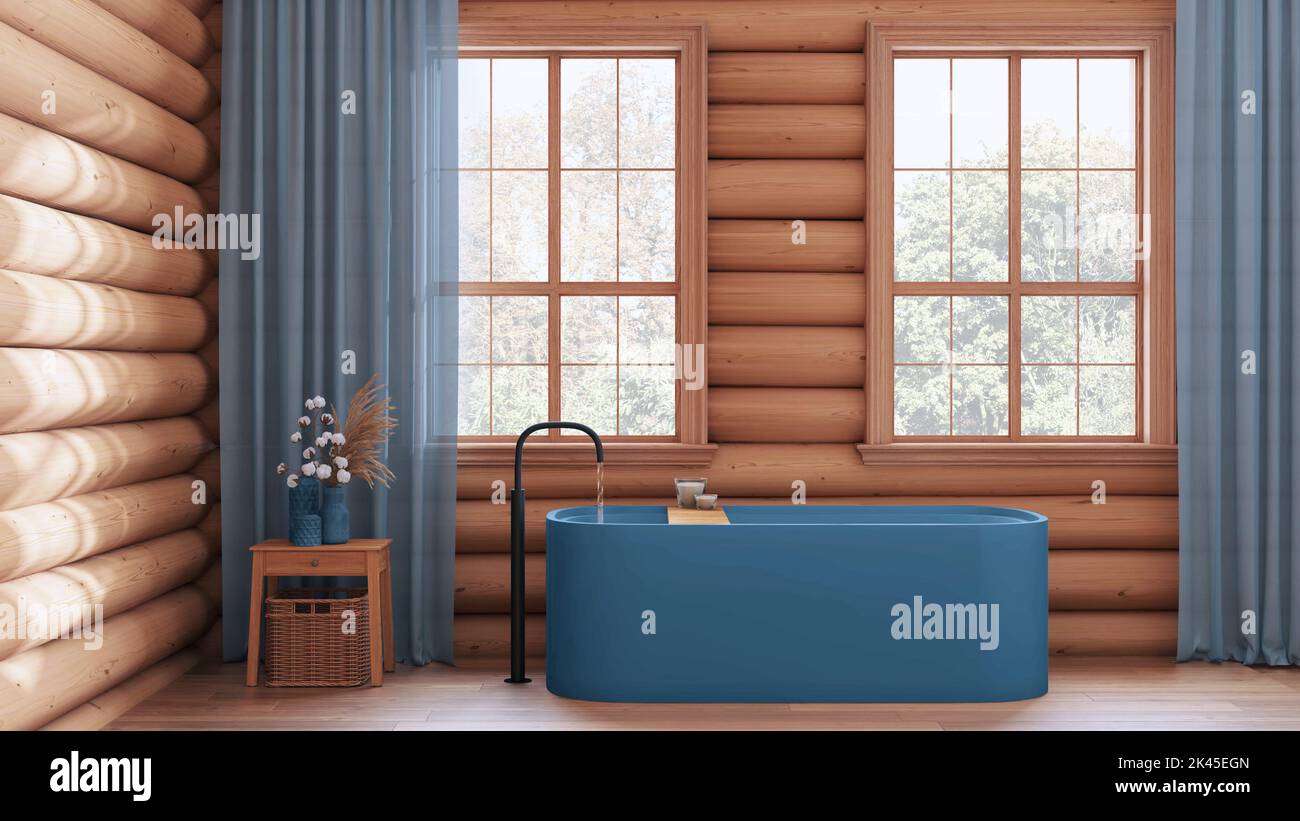 Wooden farmhouse log cabin in blue and beige tones. Vintage bathroom ...