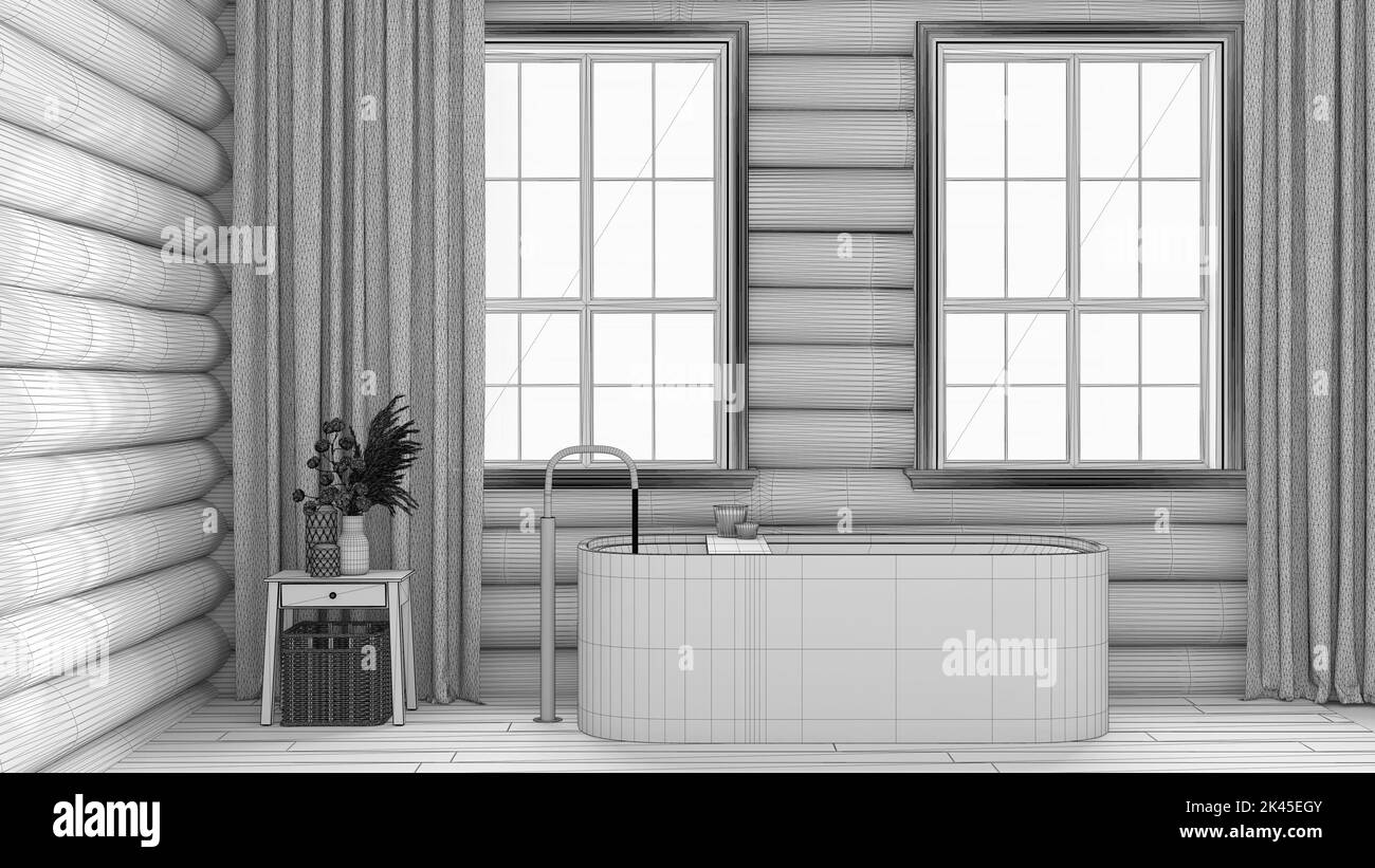 Blueprint unfinished project draft, wooden farmhouse log cabin. Vintage ...
