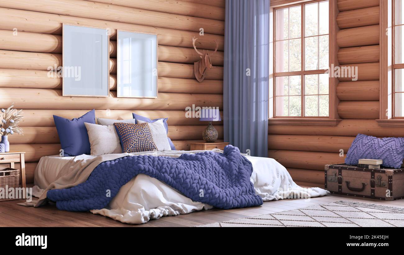 Log cabin bedroom in violet and beige tones. Double bed with blanket ...