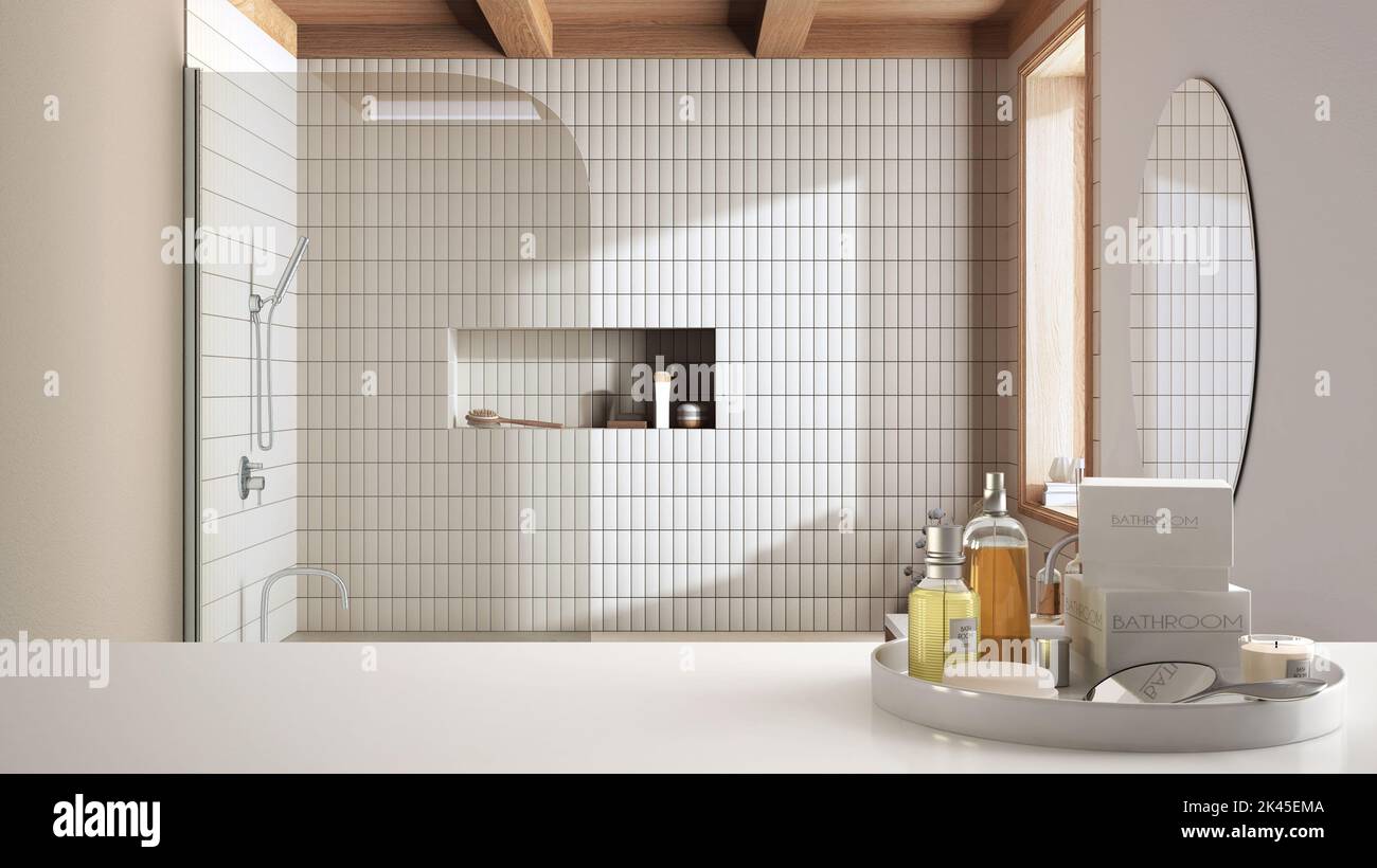 Spa, hotel bathroom concept. White table top or shelf with bathing ...