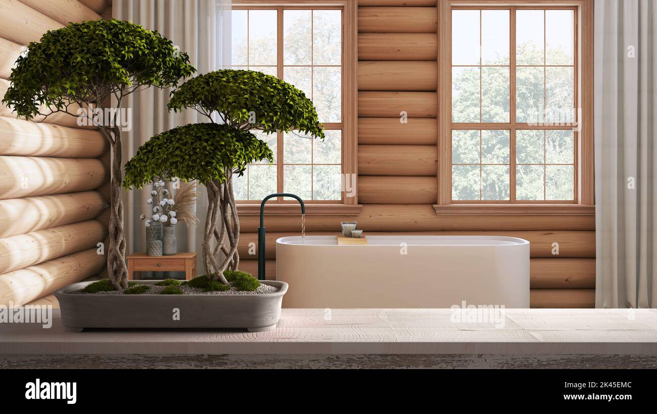 Vintage wooden table shelf with pebble and potted bloom bonsai, green ...