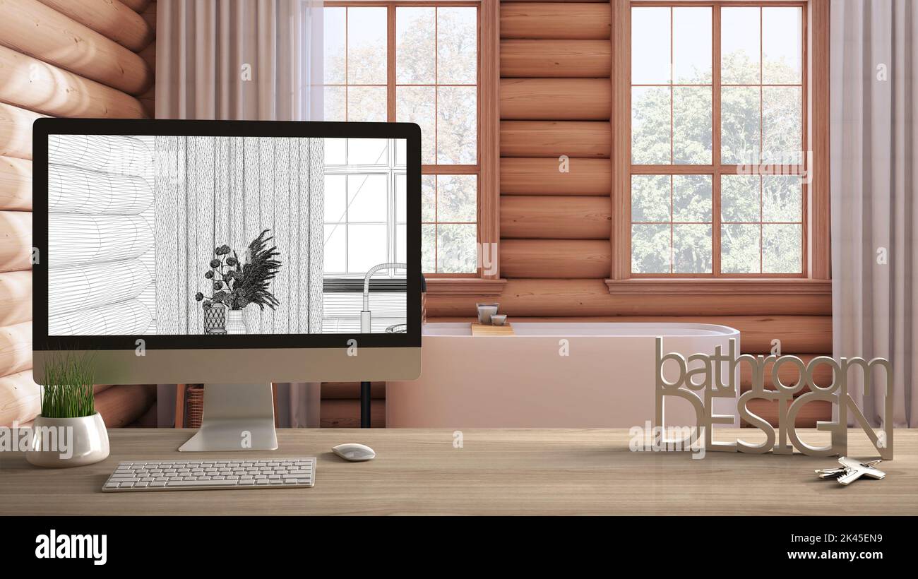 Architect designer project concept, wooden table with keys, letters ...