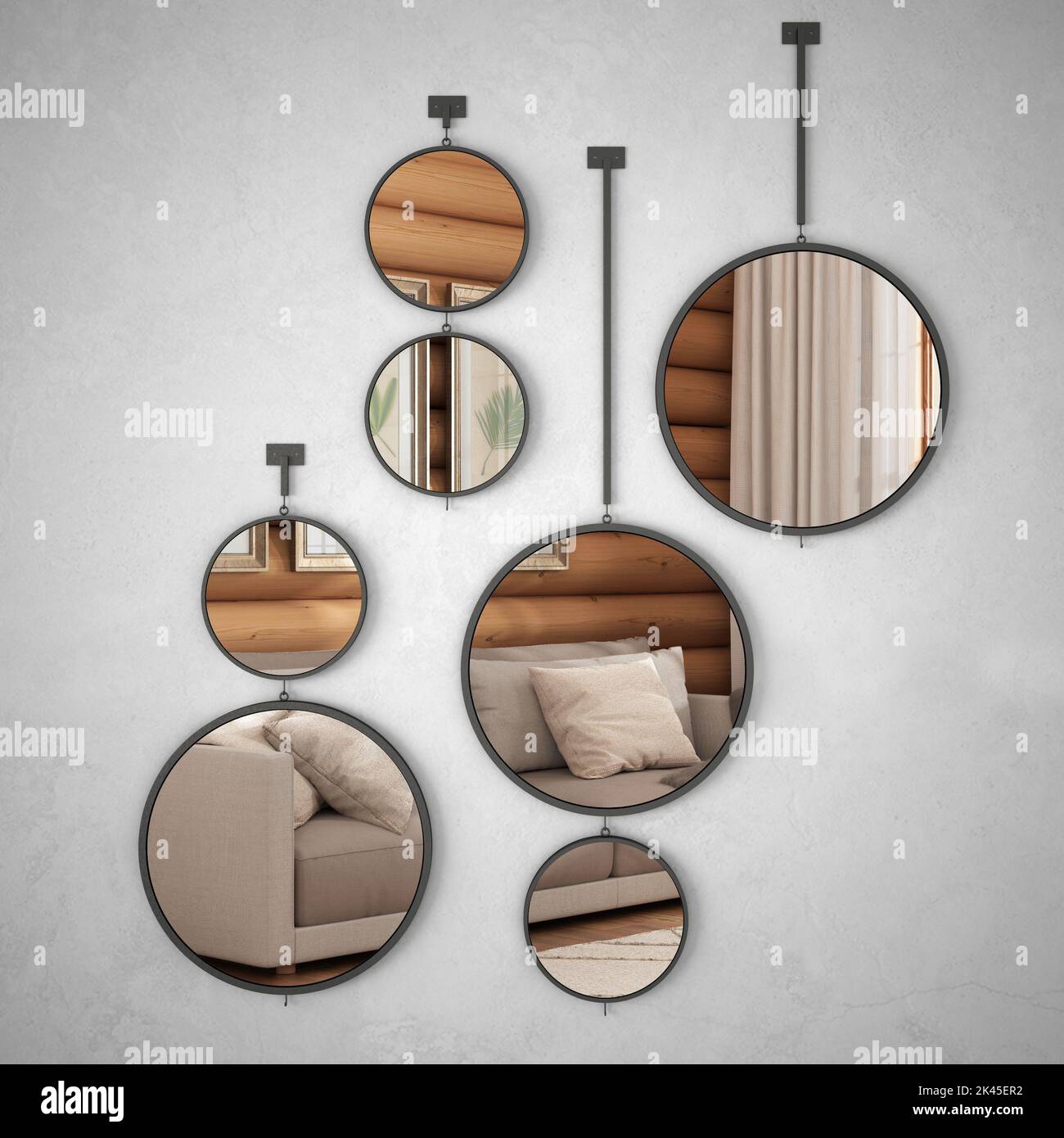 Round mirrors hanging on the wall reflecting interior design scene, log ...
