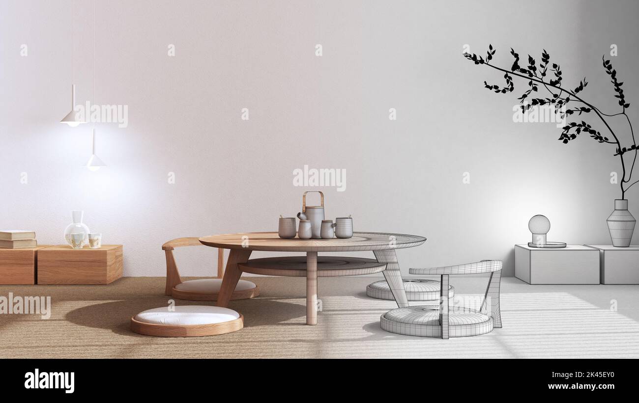 Architect interior designer concept: hand-drawn draft unfinished ...