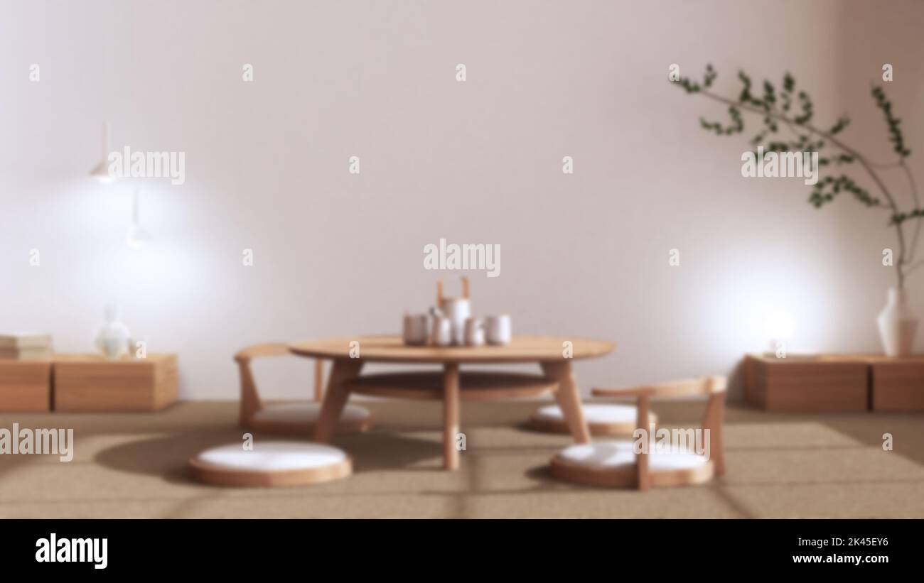 Blurred background, minimalist Tea ceremony room, japanese style. Table ...