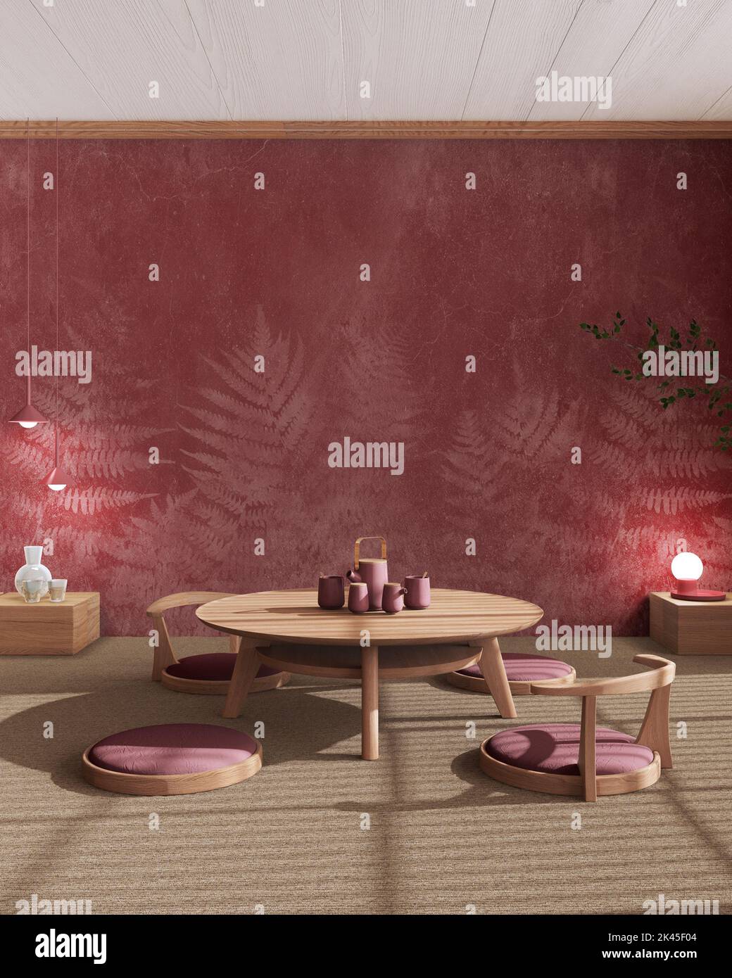 Minimalist Tea ceremony room mock up in red and beige tones, japanese ...
