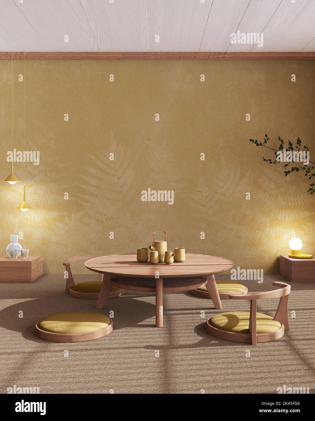 Minimalist Tea ceremony room mock up in yellow and beige tones ...
