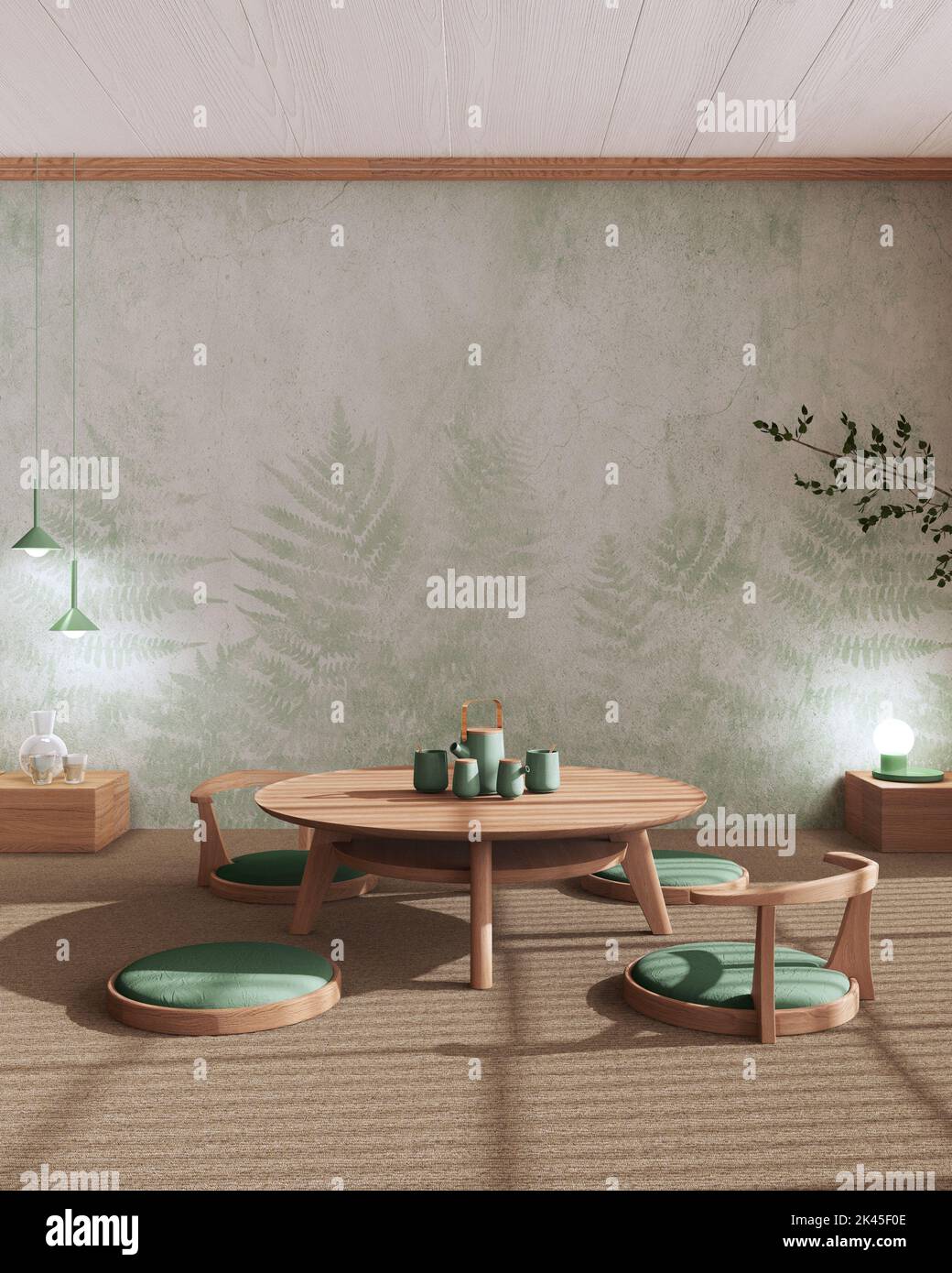 Minimalist Tea ceremony room mock up in green and beige tones, japanese ...